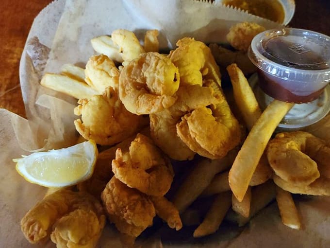 Golden fried shrimp and crispy fries prove that sometimes the simplest pleasures are the most satisfying.