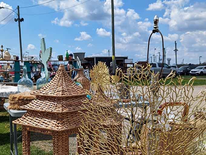 Golden wicker pieces catch the light outside, proving that some craftsmanship never goes out of style, just waits patiently.