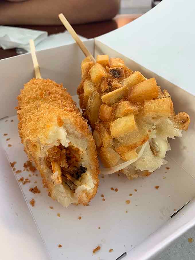 The potato-coated version next to a classic style proves that variety truly is the spice of life, especially when fried.
