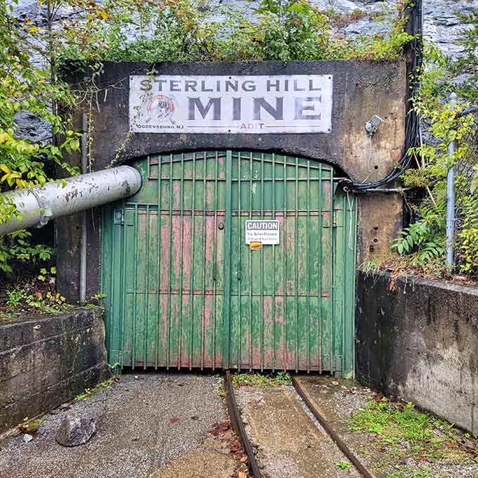 The weathered Sterling Hill Mine entrance looks exactly like what you'd expect from a real mine, not some theme park knockoff.