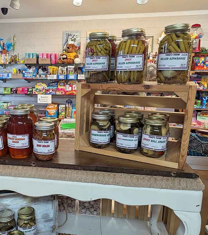 Locally made jarred goods including pickled asparagus, because apparently vegetables deserve the gourmet treatment too.
