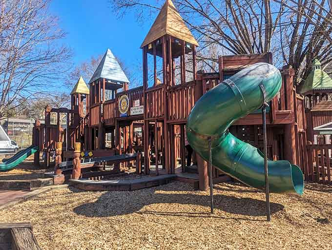 Poteet Park's playground looks like a wooden castle where kids can rule their own mountain kingdom.