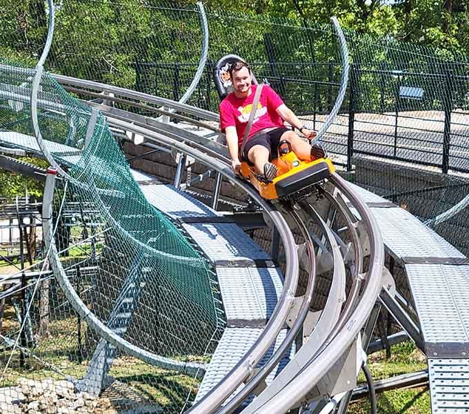 Pure joy captured mid-descent, proving that controlled falling is basically the definition of fun.