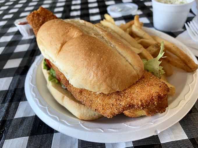 A fried fish sandwich that doesn't mess around&mdash;generous portions of crispy fish nestled in fresh bread with all the fixings.