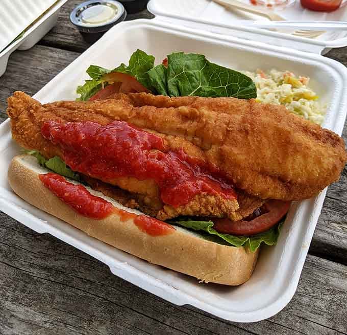 That flounder sandwich is so generously portioned, it makes other fish sandwiches look like they're on a diet.