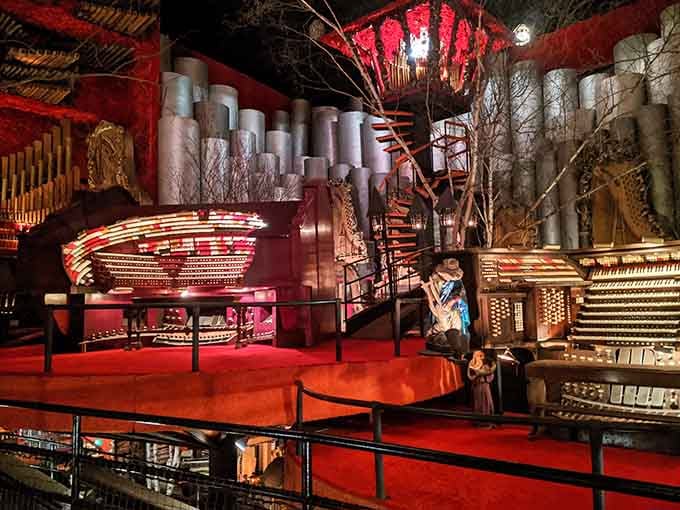 Multiple levels of mechanical music makers tower overhead, creating a symphony of sight before you hear a note.