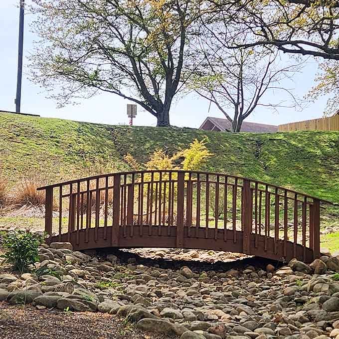 The wooden bridge arches gracefully over the landscape, adding a storybook quality to this already enchanting space.