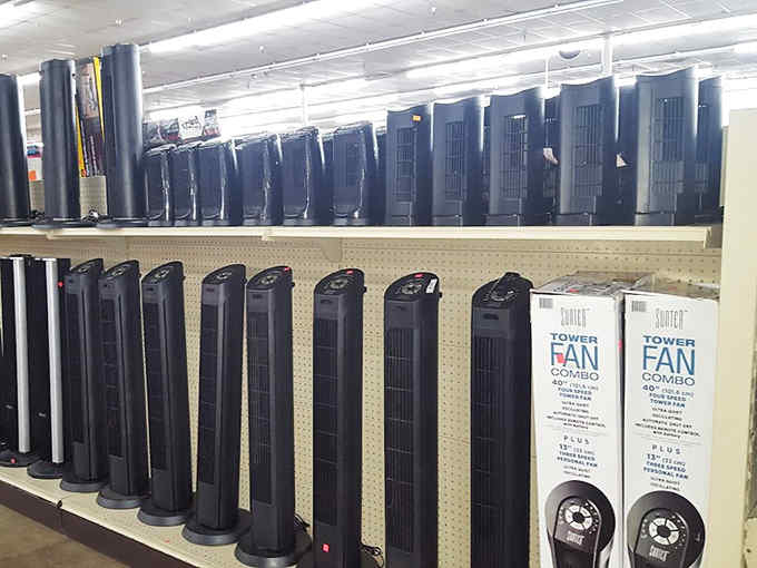 Tower fans standing at attention, ready to battle Arizona heat without requiring a second mortgage for purchase.