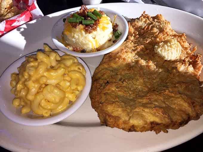 That crispy coating and loaded mashed potatoes prove some things are worth loosening your belt for, friends.