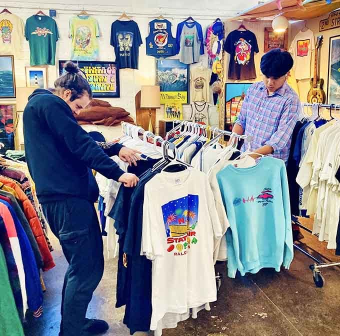 Vintage tees and retro sweatshirts hang like a wearable timeline of pop culture's greatest hits.
