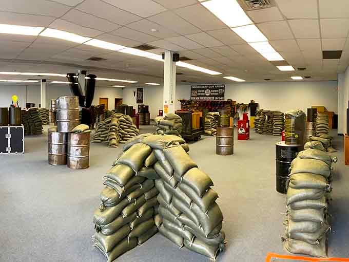 Strategic sandbag formations create a labyrinth where office workers become weekend warriors with surprising tactical skills.