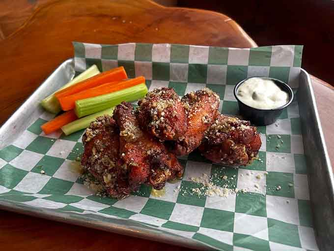 These wings come with celery, carrots, and ranch because even Sasquatch knows you need vegetables to balance the deliciousness.