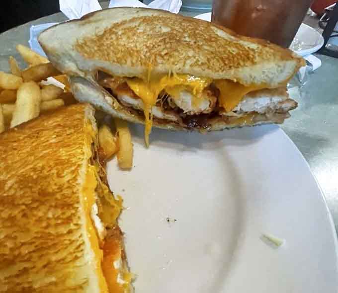 This grilled cheese means serious business, stuffed with buffalo chicken and melted cheddar between perfectly toasted bread.