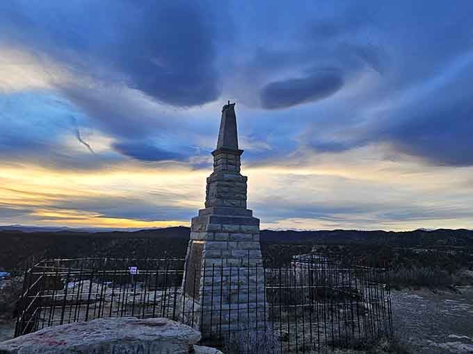 This sunset-lit monument stands sentinel over the landscape, dramatic as any Western film finale ever was.