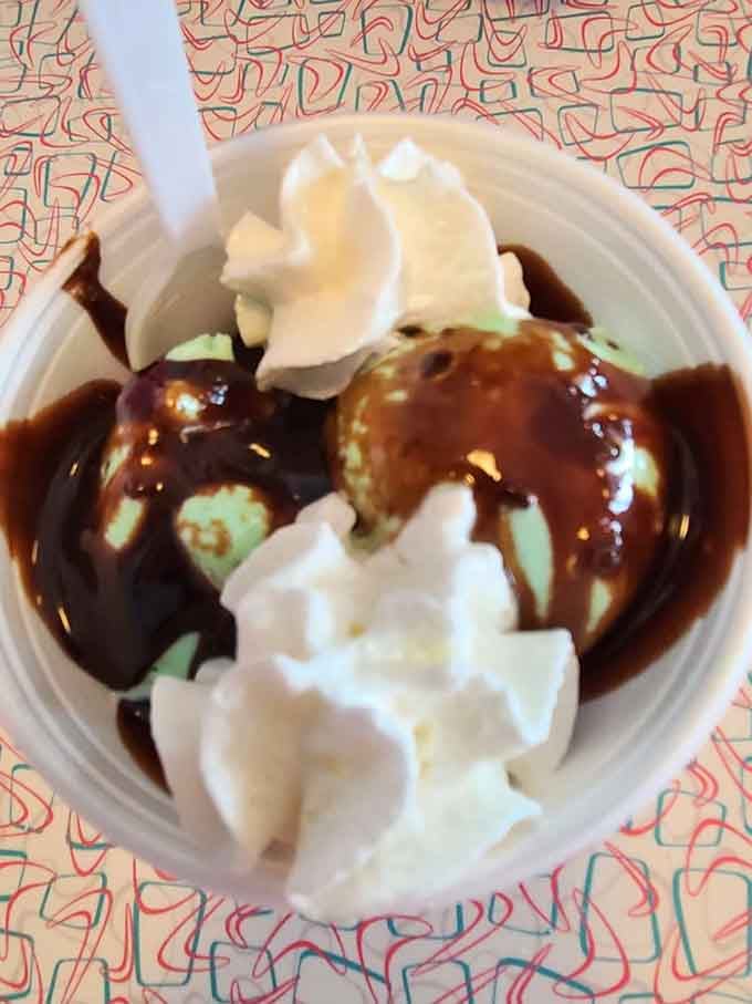 Mint chocolate chip sundae with hot fudge: because sometimes you need both refreshing and indulgent simultaneously.