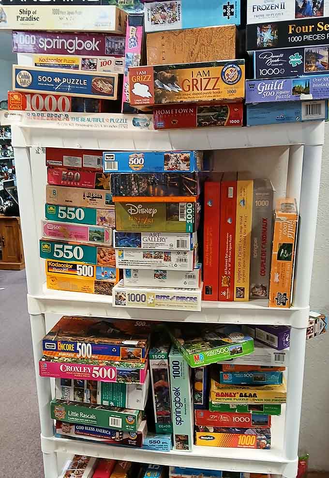 Puzzles stacked like a rainy day survival kit for anyone who remembers life before streaming services.