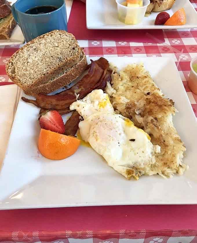 Breakfast done right: eggs, bacon, hash browns, and toast that'll fuel your entire day of adventure ahead.