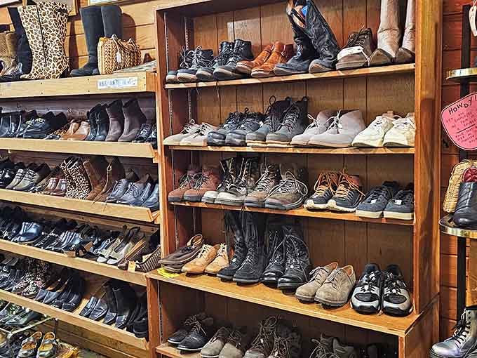 Rows of shoes organized better than most people's closets, proving thrift stores don't have to mean chaos.