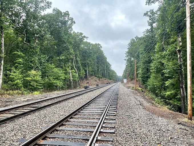 Yes, those are actual train tracks near a transcendentalist retreat, because irony is alive and well.