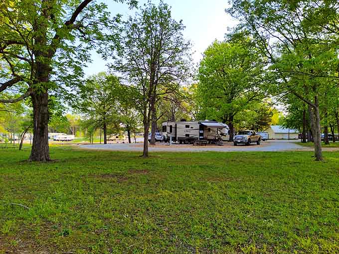 RV living meets lakeside serenity under a canopy of trees that provide shade and that peaceful rustling soundtrack you forgot existed.