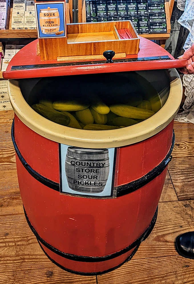 Nothing says authentic country store quite like a barrel of pickles waiting to be plucked from the brine.