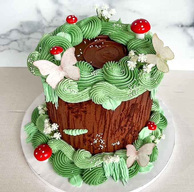This whimsical woodland cake features piped frosting moss, fondant mushrooms, and edible butterflies creating a fairy-tale dessert that's almost too pretty to eat.