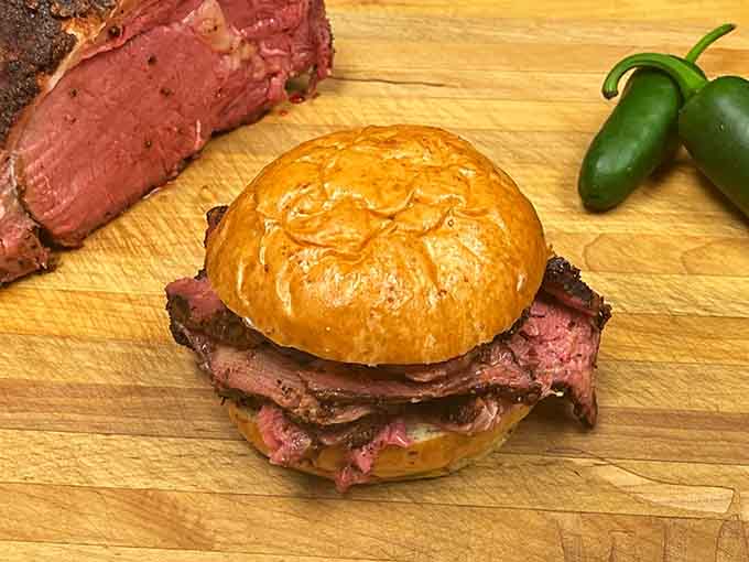 Sometimes the simplest presentation is the most powerful: tender brisket piled high on a buttery bun.