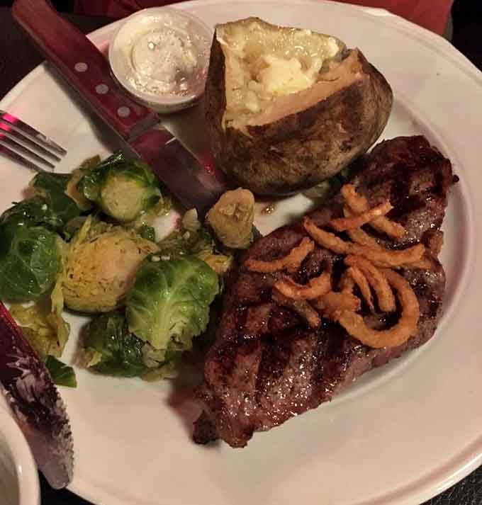 This New York strip with Brussels sprouts proves that steakhouse quality exists beyond the city limits, friends.