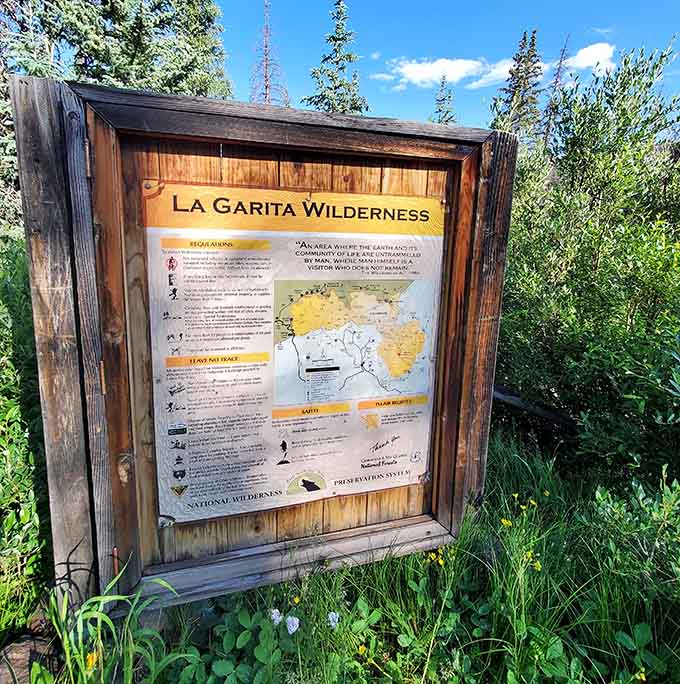 The trailhead kiosk shares wilderness wisdom, because even geological wonders need proper introductions and safety reminders for visitors.