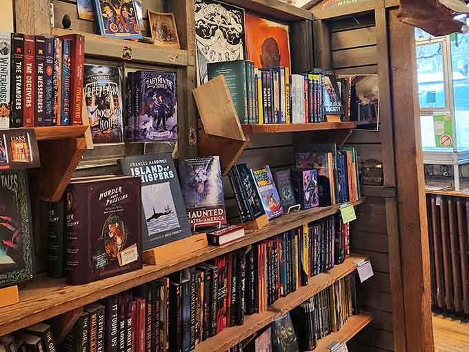 Wooden shelves cradle tales of mystery and adventure, organized with the care of a master librarian's dream.