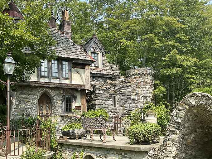 Tudor-style timber framing meets medieval stonework in this charming corner that looks plucked from the English countryside.