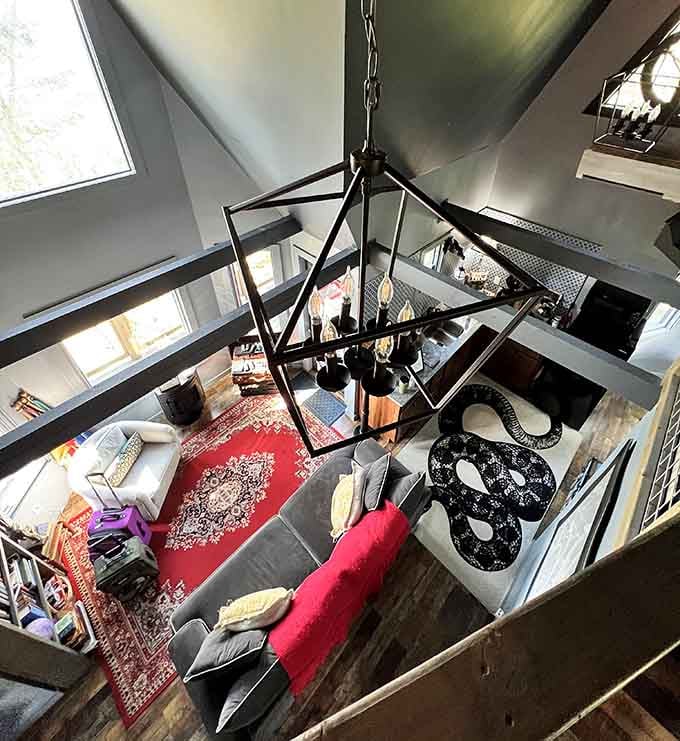 Looking down from the loft reveals a space where every corner holds another delightful surprise to discover.
