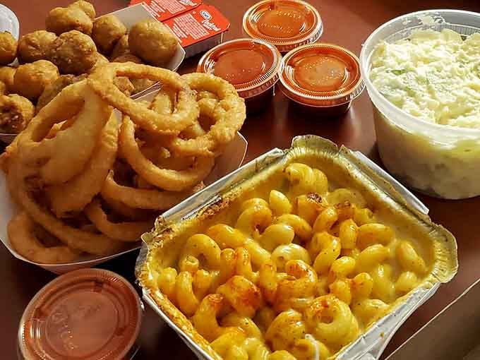 Mac and cheese, mushrooms, and onion rings: the holy trinity of sides that understand their supporting role perfectly.