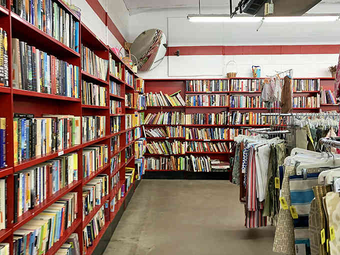 Red shelves overflow with literary adventures, creating a budget-friendly library that would make any bookworm swoon with delight.
