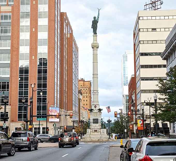 That monument stands at attention in the middle of the street, commanding respect like a traffic cop from the nineteenth century.