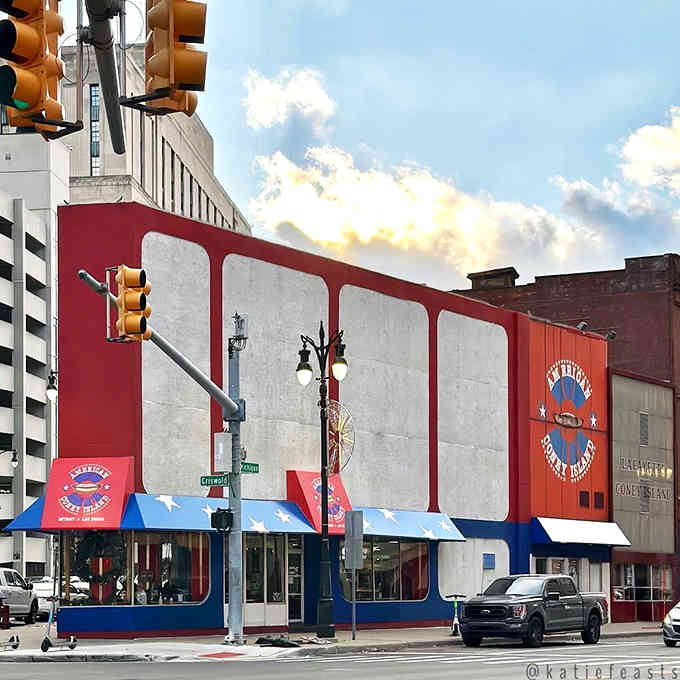 Red, white, and blue patriotic colors announce this downtown landmark like a delicious monument to Detroit's coney dog heritage.