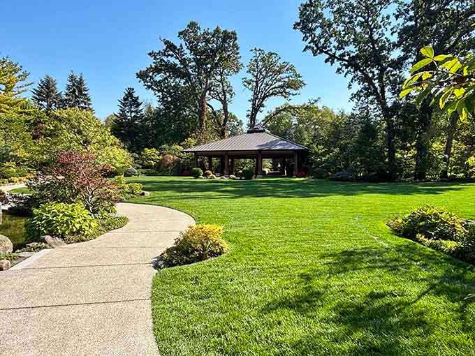 Perfectly manicured lawns and a traditional pavilion create tranquil spaces where Eastern philosophy meets Midwestern charm with stunning results.