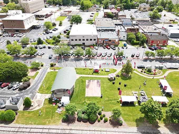 From above, this town square buzzes with community life, proving small doesn't mean sleepy or boring at all.