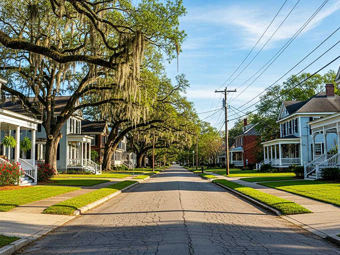 Those Spanish moss curtains and manicured lawns create a scene straight from a classic Southern postcard.