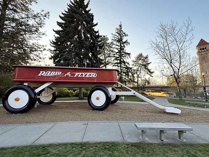 This oversized Radio Flyer in Spokane's park makes you feel like you've shrunk to toy size again.