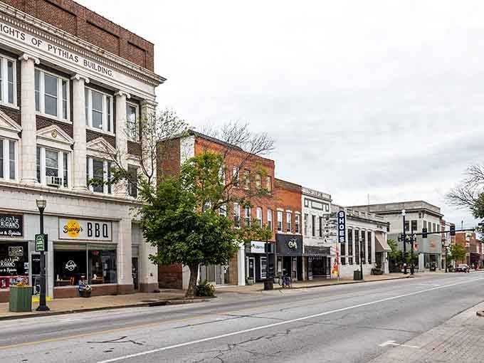 Historic architecture meets modern commerce where century-old buildings house today's thriving businesses and friendly faces.