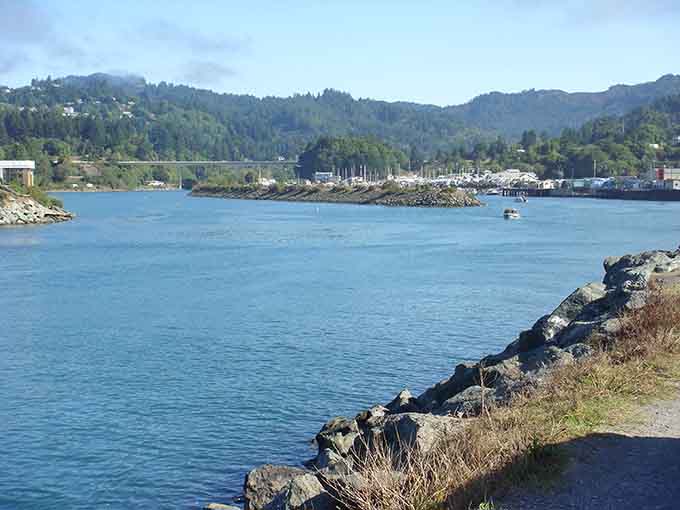 Blue waters sparkle beyond the rocky shoreline, where harbor views stretch toward forested hills that seem to touch the sky.