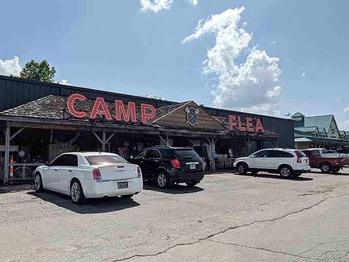 Bold red sign and clear blue skies transform this treasure trove into something magical, like Disneyland for antique lovers everywhere.