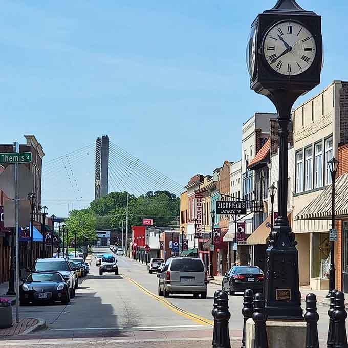 That street clock stands tall like a patient grandfather, watching over shoppers and reminding everyone to slow down.