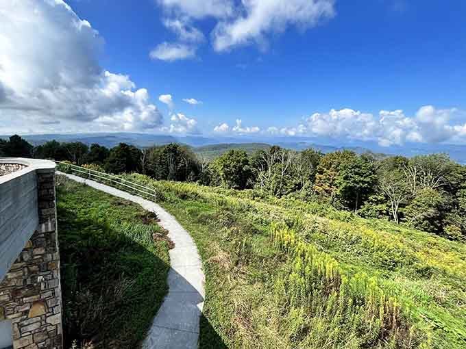 Paved pathway meanders through meadows and woodlands offering accessible exploration of diverse natural habitats.
