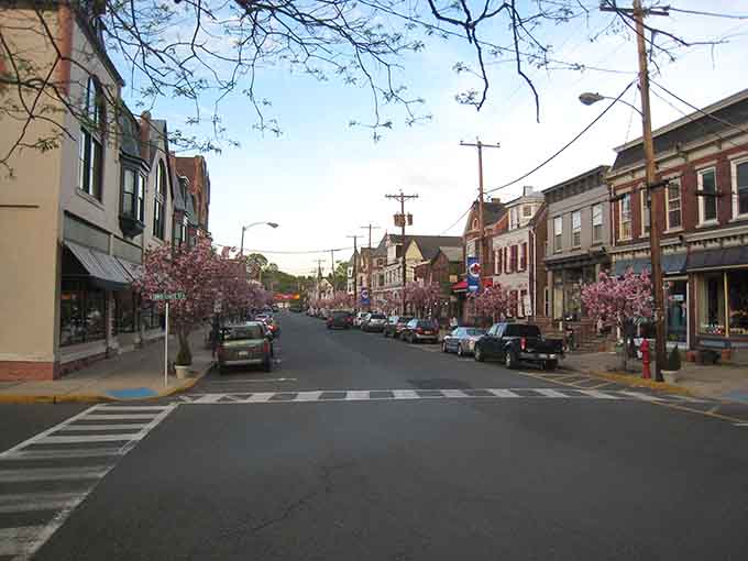 Those pink flowering trees add a touch of springtime magic to brick buildings that have welcomed generations of shoppers.