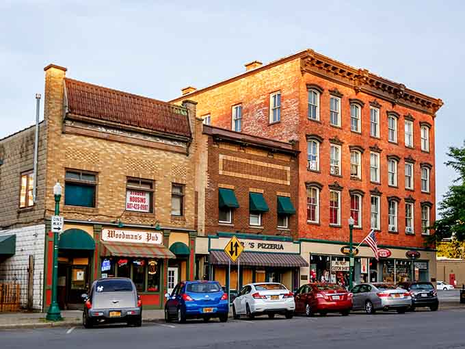 Golden evening light bathes these classic storefronts where local businesses thrive and neighbors still know each other's names.