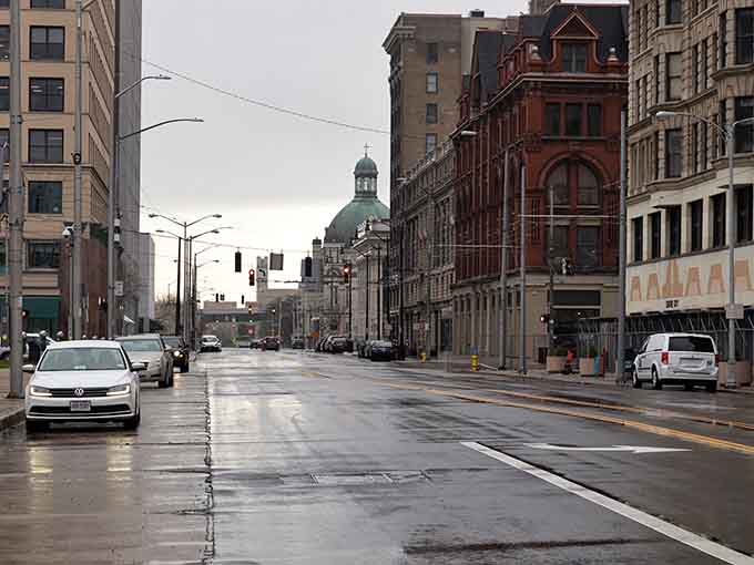 Dayton's downtown streets on a rainy day have that classic American city feel that reminds you of every great movie set in the heartland.