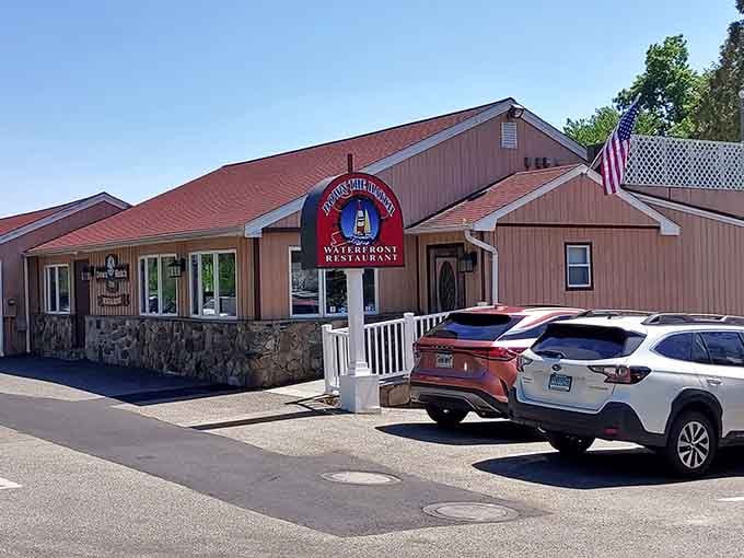 Down The Hatch's nautical sign and casual vibe promise lakeside fun on Candlewood's beautiful shores.
