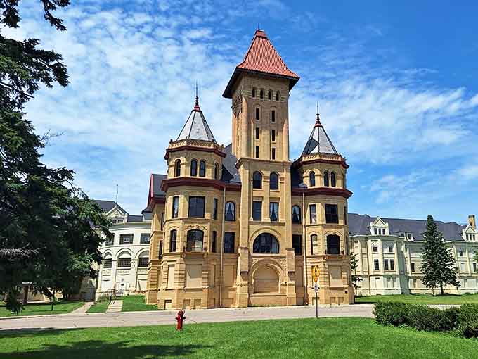 This castle-like tower rises from the green lawn like something straight out of a European fairy tale.
